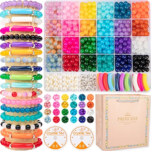 Zyehxed 1060 Pcs 8mm Glass Beads for Jewelry Making, 24 Colors Round Glass Beads Bracelet Making Kit Crystal Gemstone Beads for DIY Craft Necklace Bracelet Earring Phone Lanyard