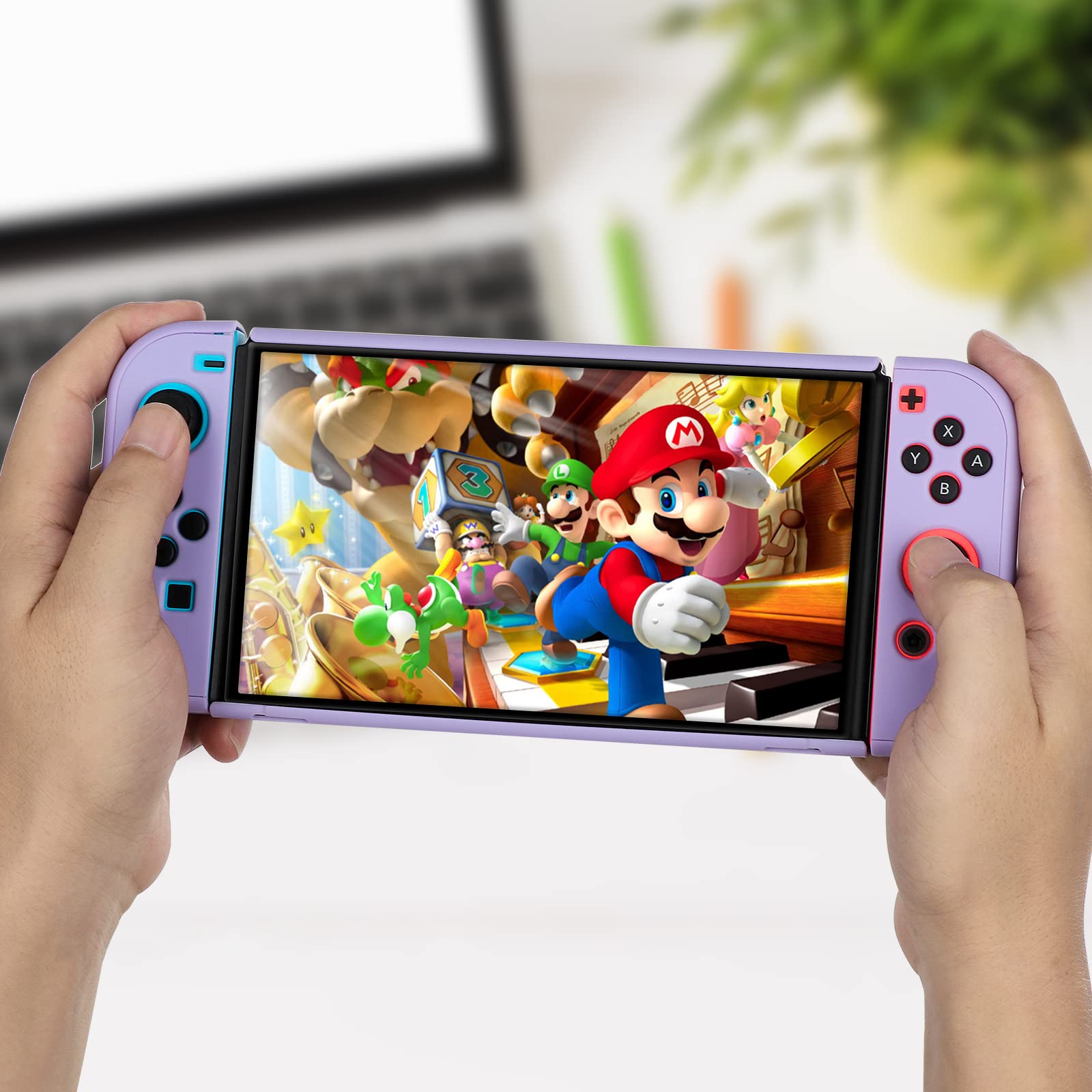 Switch OLED Case Dockable Protective Case for Nintendo Switch OLED Model 2021 Console and Joy-Con Controller Grip Case with 2 Thumb Grip Caps, Purple