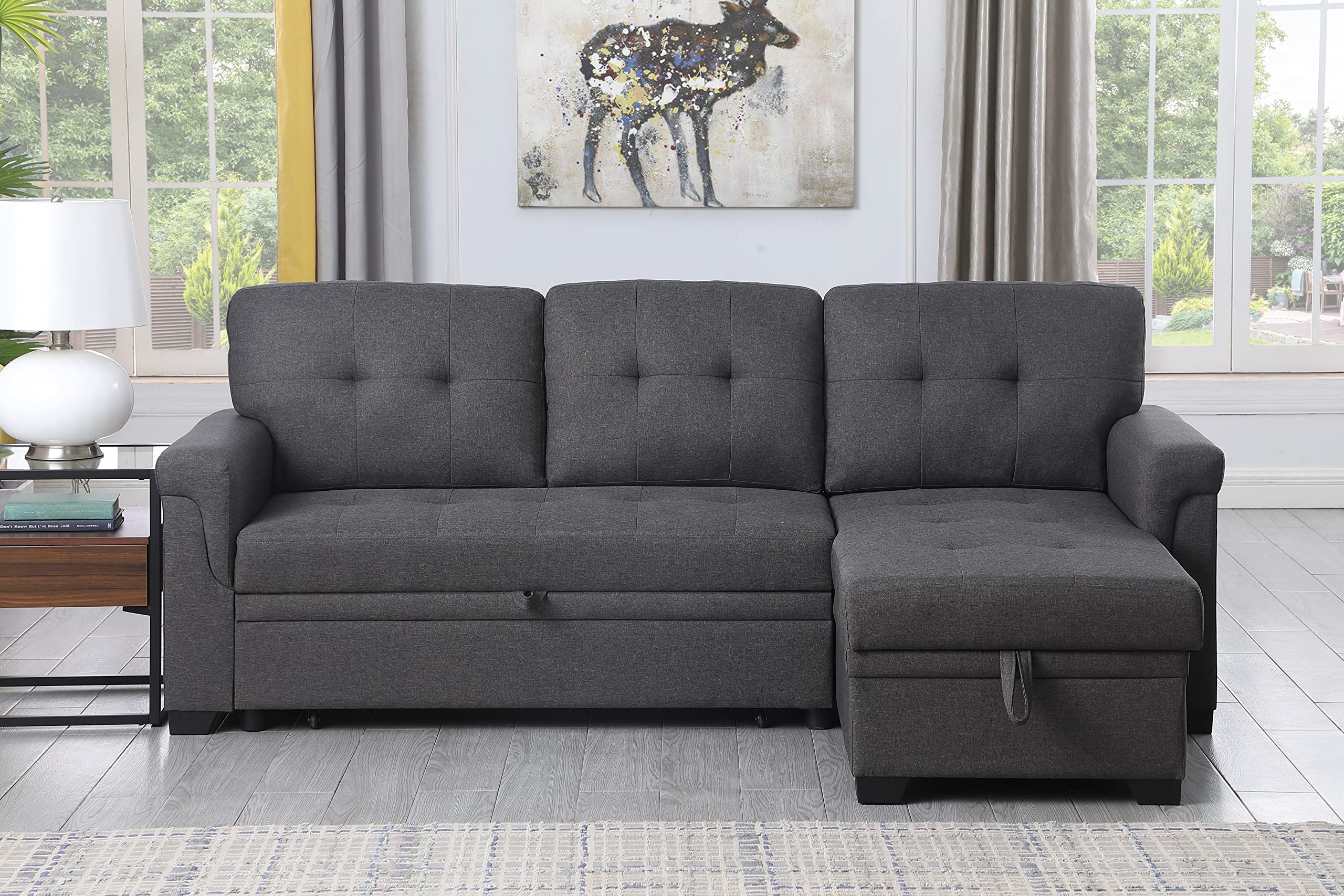L-Shape Convertible Sleeper Sectional Sofa with Storage Chaise and Pull-Out Bed, Linen Upholstered Reversible Corner 3 Person Couch, for Living Room, Apartment, 84, Dark Gray-4