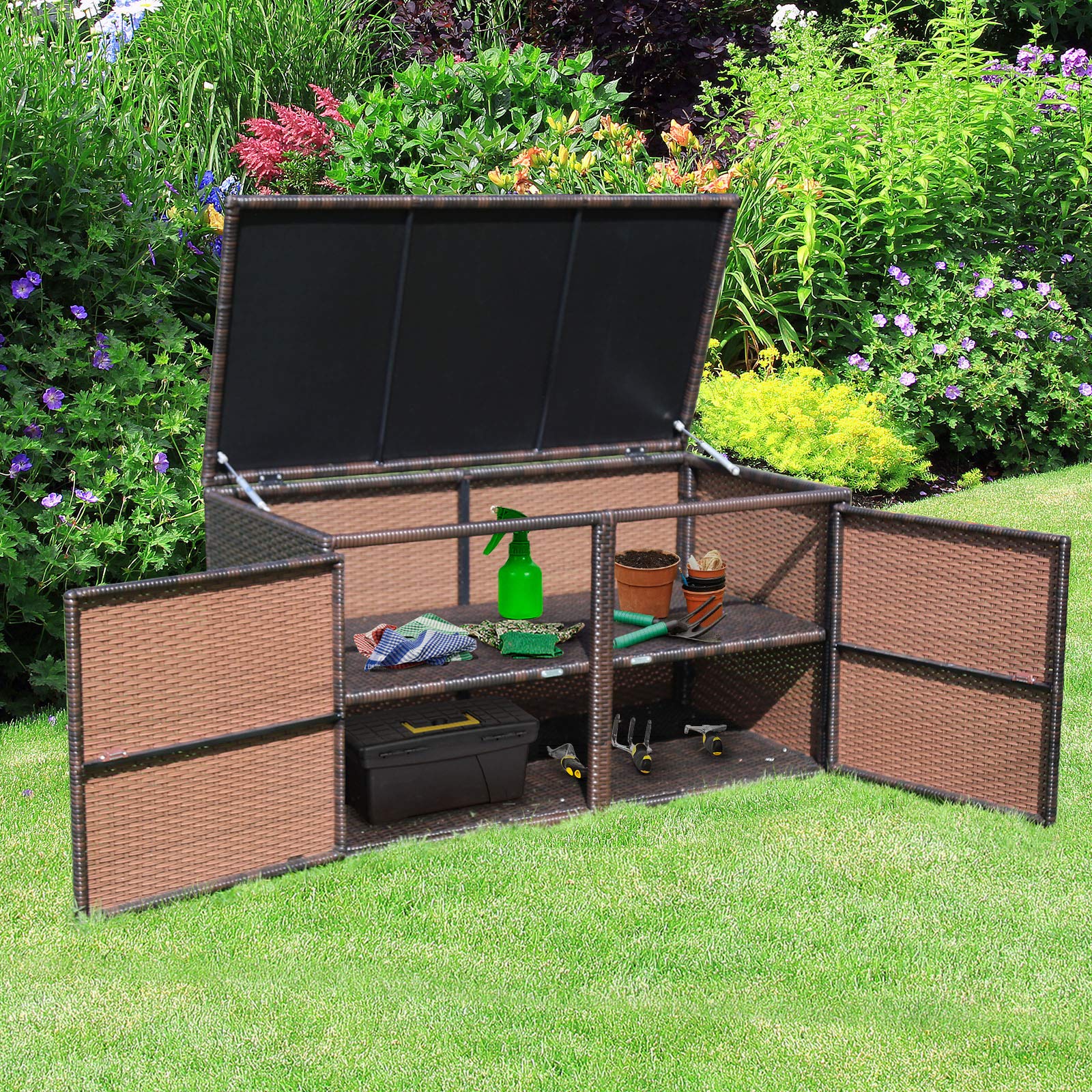 Tangkula Outdoor Wicker Storage Box, Garden Deck Bin with Steel Frame, Rattan Pool Storage Box with Lid, Ideal for Storing Tools, Accessories and Toys, 88 Gallon Capacity (Brown)
