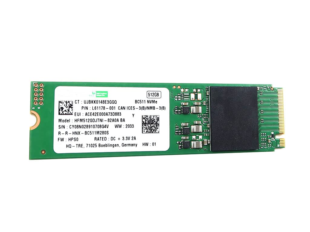 Solid State Drive L61178-001 Compatible Replacement Spare Part for HP SK Hynix BC511 HFM512GDJTNI 512GB PCI Express 3.0 x4 3D NAND NVMe M.2 2280 Internal SSD