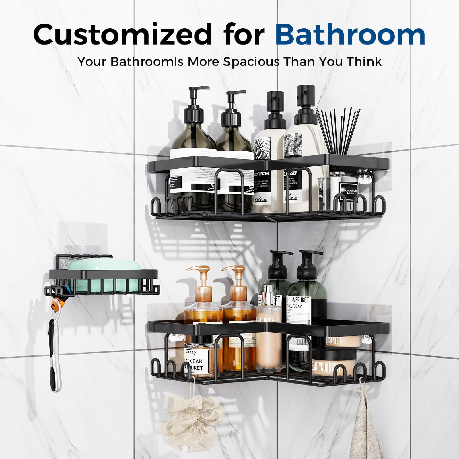 YUNISS Corner Shower Caddy 3 Pack,Adhesive Shower Corner Organizer Shelves with Soap Holder,No Drilling Shower Storage Rack for Bathroom and Kitchen (Black 3)