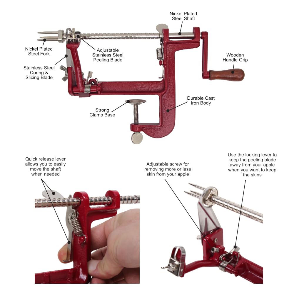Johnny Apple Peeler, Heavy Duty Cast Iron Peeler with Stainless Steel Corer Slicer and Peeler Blades and a Strong Clamp Base, Apple Pie or Apple Crisp Maker