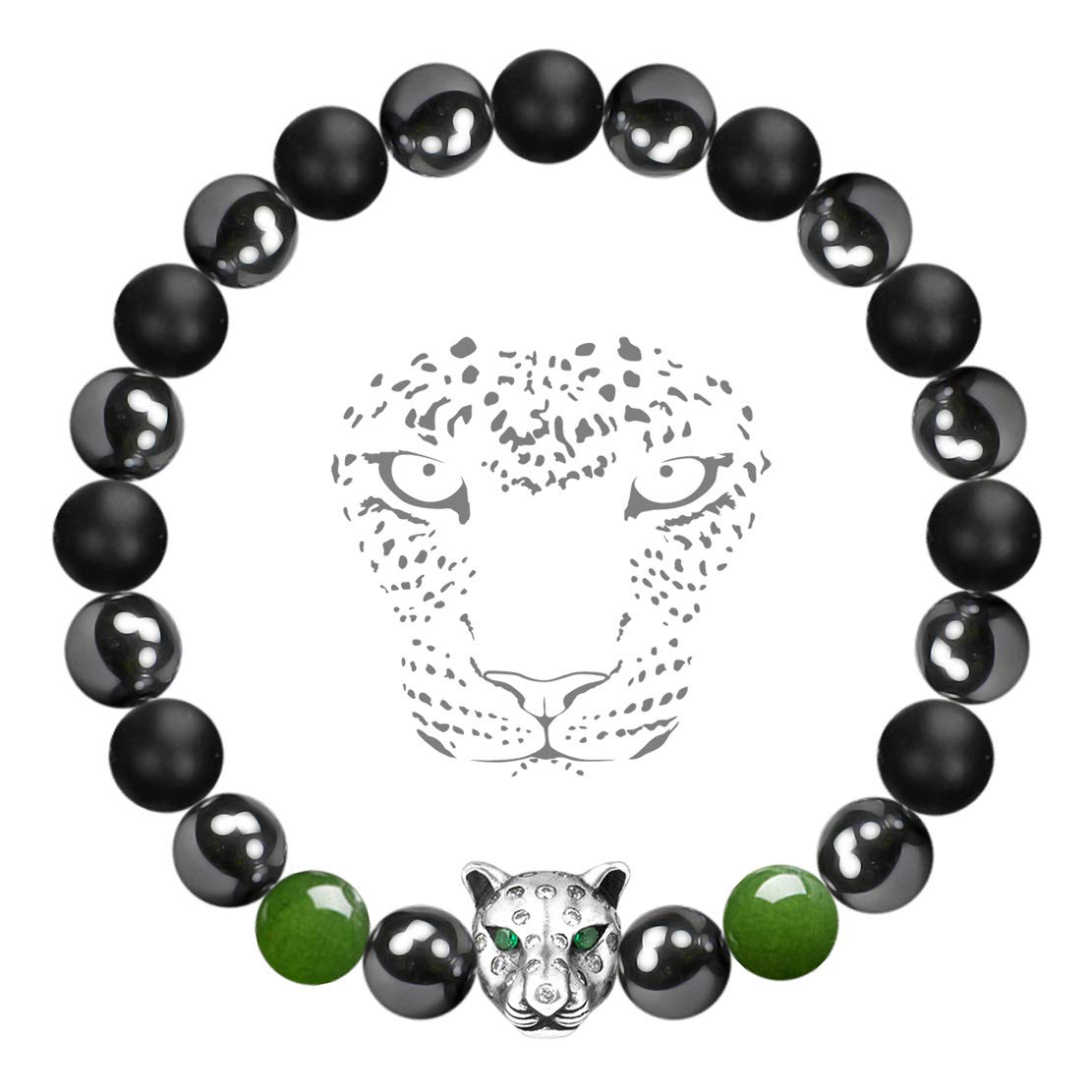 Karseer Antique Silver Panther Hematite and Matte Onyx Natural Stones Beaded Stretch Bracelet Meditation Prayer Stress Relief Energy Beads Bracelet for Men Women