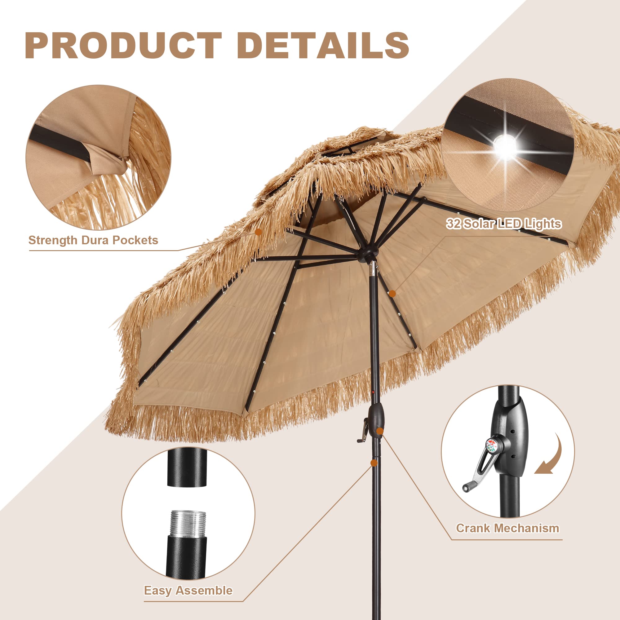Saemoza 9ft Thatched Patio Tiki Umbrella with Tilt, 32 built-in LED lights 2 Tier Hawaiian Style Beach Patio Umbrella (NO Base)