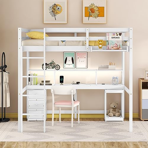 WADRI Full Size Loft Bed with Multi-Storage Desk, Wood Loft Bed Frame with LED Light and Bedside Tray, Loft Bed with Charging Station for Kids Teens Adult, Space-Saving Design