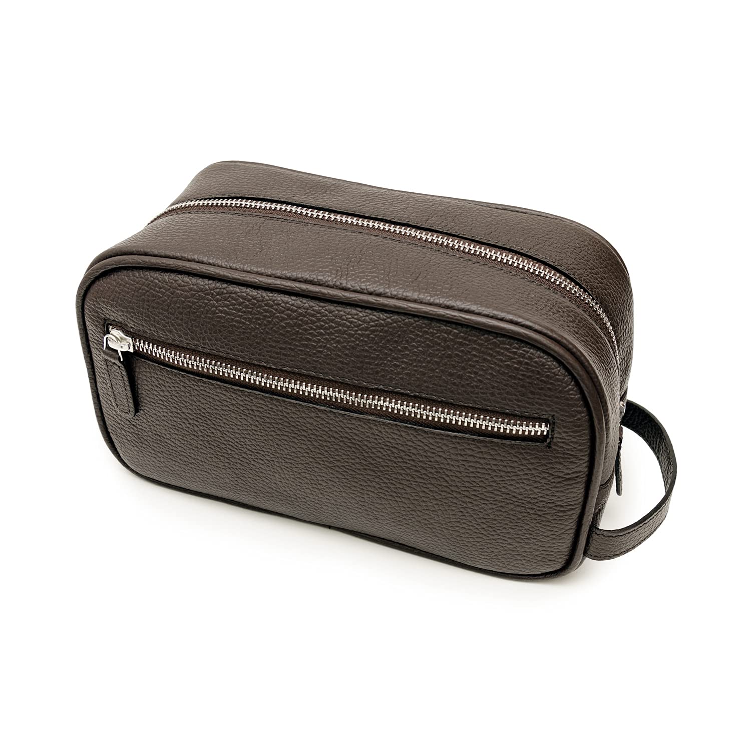 Maruse Italian Leather Toiletry Travel Bag with 2 Zippered Closures for Men and Women, Handmade in Italy (Black)
