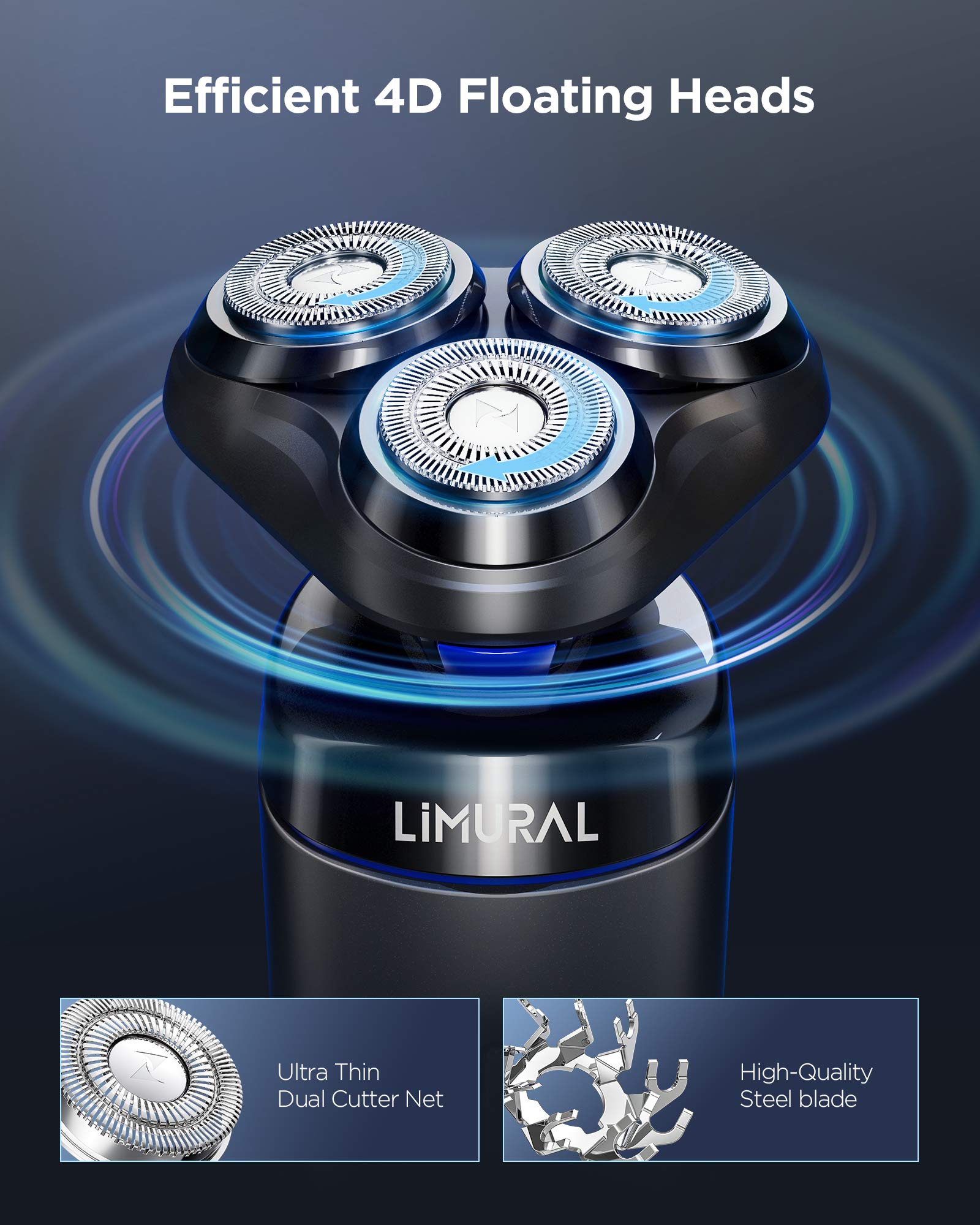 Limural Electric Shavers for Men 【Extra One Blade Set】, Men's Cordless 3D Rotary Electric Razor USB Rechargeable Trimmer with Pop-up Trimmer, Wet & Dry Waterproof, 90 Mins Battery Life, Travel Lock