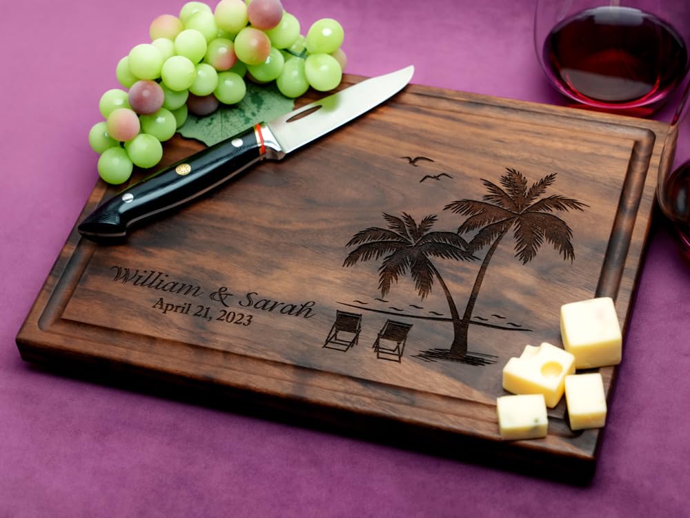 Straga Personalized Cutting Boards | Handmade Wood Engraved Charcuterie | Custom Wedding, Anniversary, Birthday Gift for Couples, Beach Lovers (Tropical Beach Design No.409)