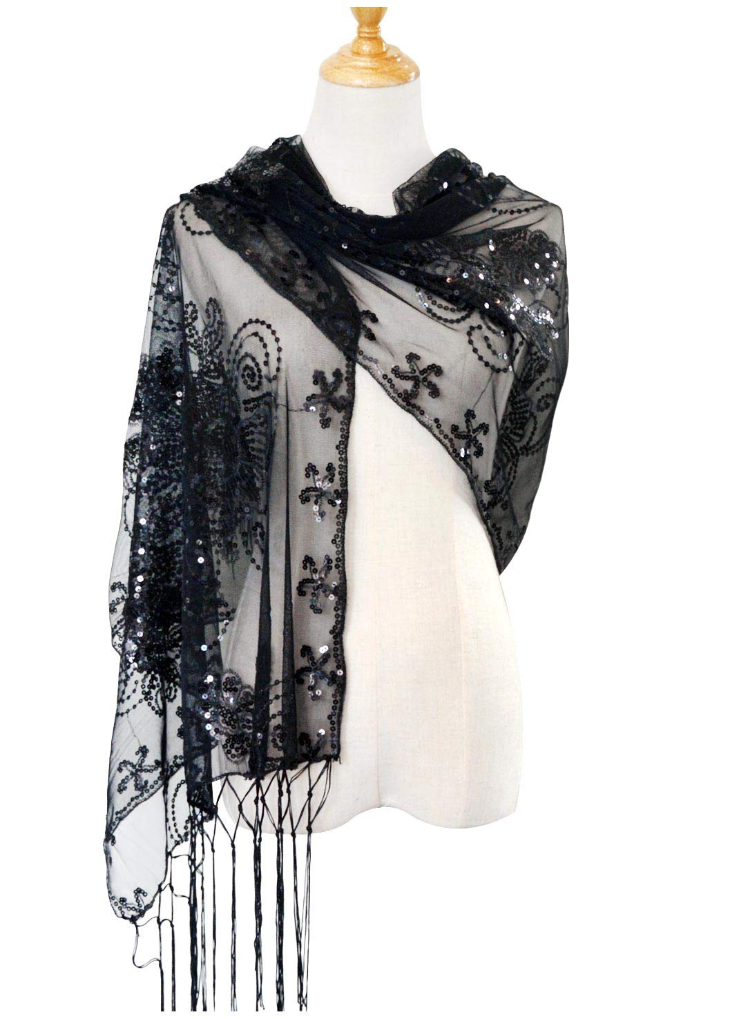 L'VOW Women's Glittering 1920s Scarf Mesh Sequin Wedding Cape Fringed Evening Shawl Wraps(Black)