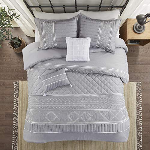 Madison Park Comforter Set, Embroidered Textured Heatherd Print All Season Down Alternative Cozy Bedding with Matching Shams, Decorative Pillow, King (104 in x 92 in), Kailee, Embroidery Grey 5 Piece
