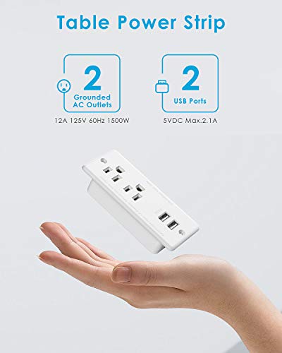 Recessed Power Strip with USB,Flat Plug Ultra Thin Extension Cord,Furniture Desktop Charging Station for Side Table,End Table,Flush-Mount Desk Outlet Power Grommet with 9.85ft Cord(White)