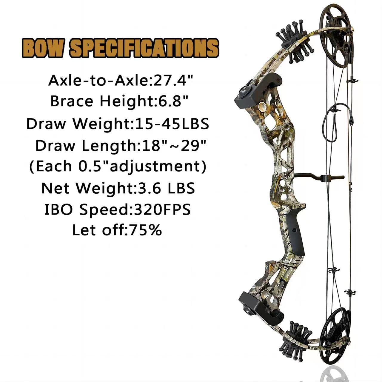 PANDARUS Compound Bow Set 15-45lbs for Pull Beginner and Teens Right Handed Adjustable 18"-29" Draw Length, 320 FPS Speed, Hunting Bow Archery Set New 2024(Camo Right Handed Bag Pro)