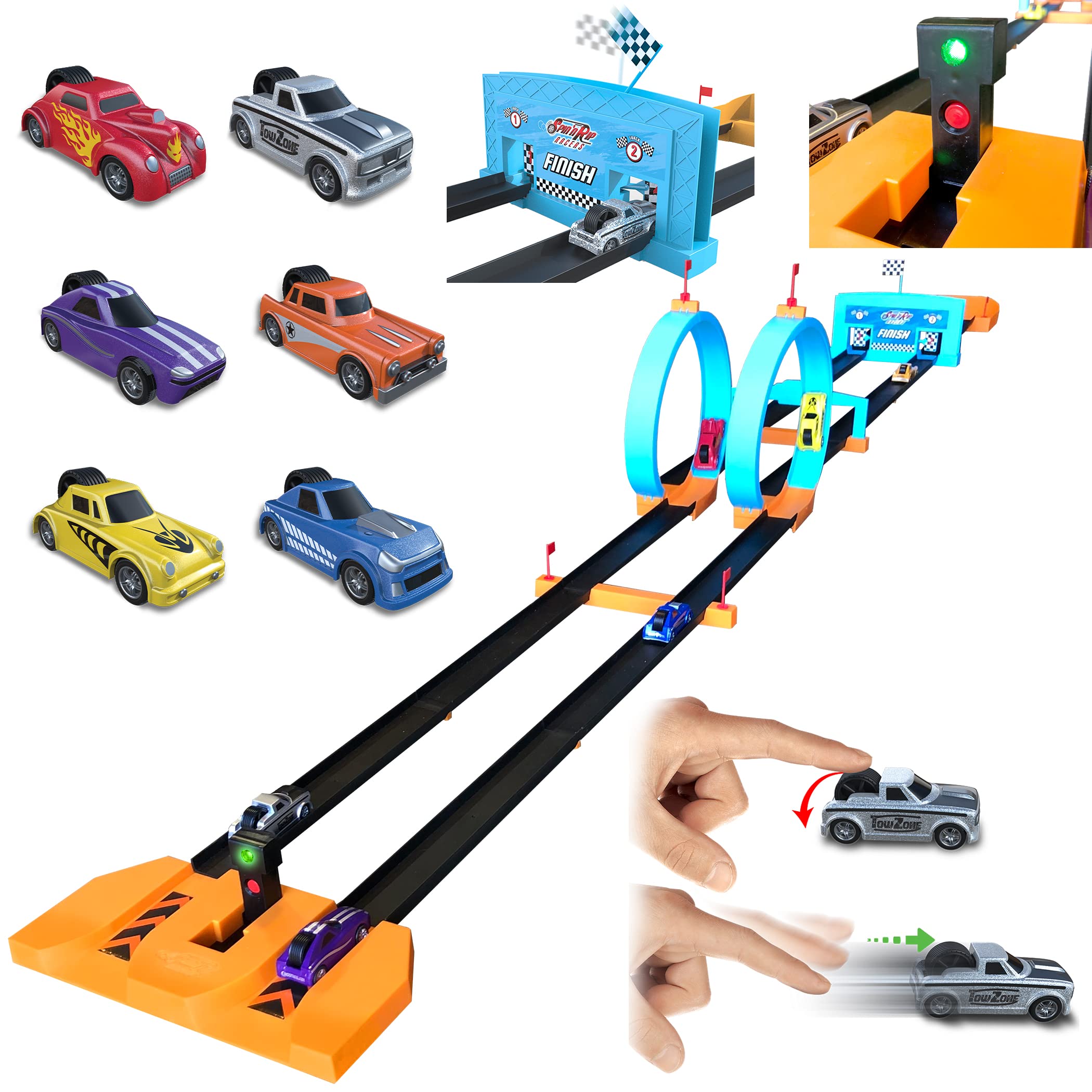 Spin 'n Rip Racers | Double Loop Drag Racing Set | Fun Head to Head Racing Track with Dual Loop Track and Falling Flag end gate That Signals The Winner | Double Loop Race Track