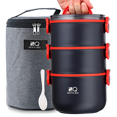 ZZQ Bento Box Adult Lunch Box with Bag/Utensil, Stackable Large 81-oz Salad Bowl - Microwave Safe/Leak-Proof Bpa Free Lunch Containers for On-the-Go Balanced Eating - Black
