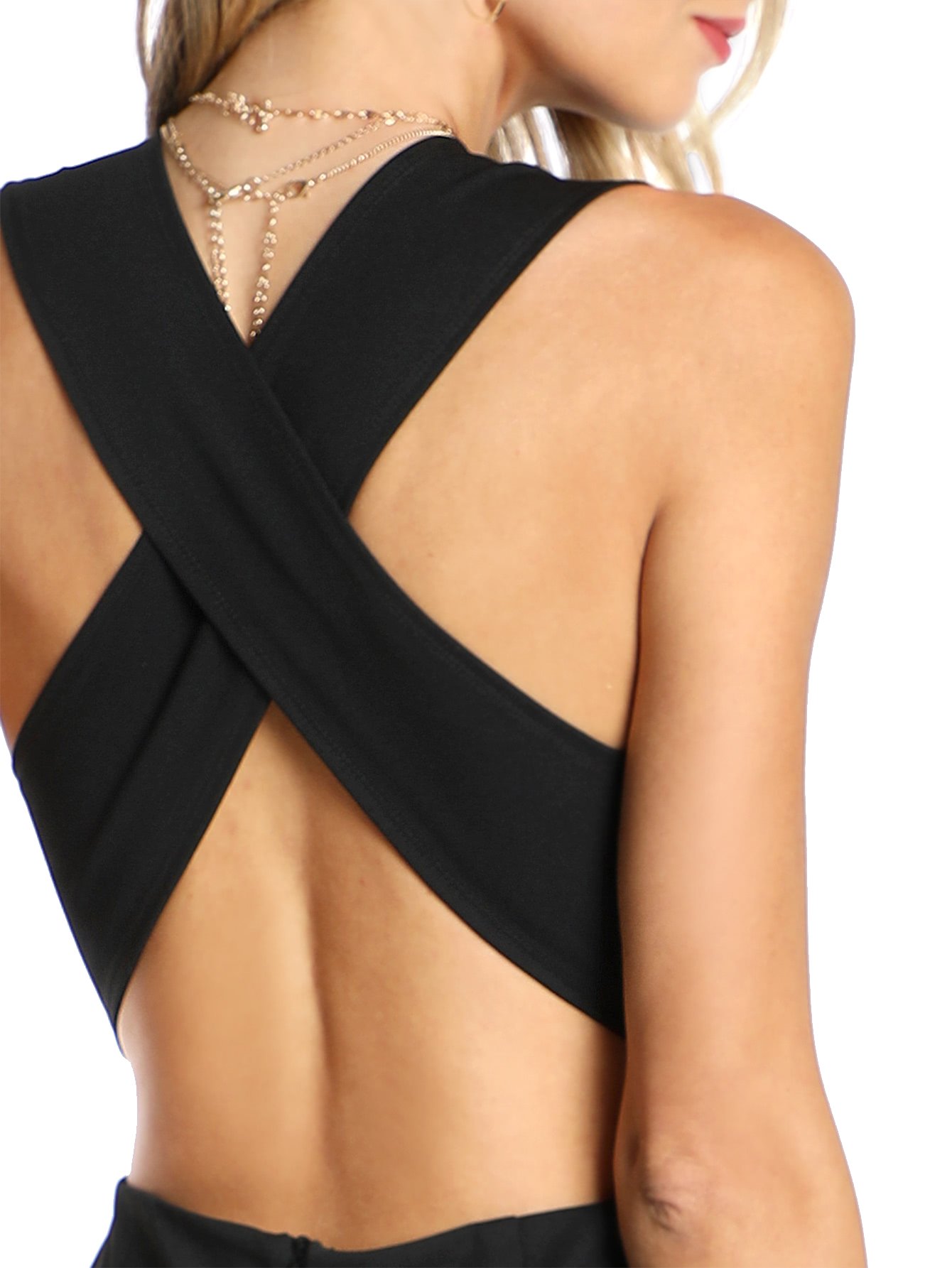 MakeMeChic Women's Sexy Deep V Neck Sleeveless Wide Leg Loose Jumpsuits Rompers A Black XL