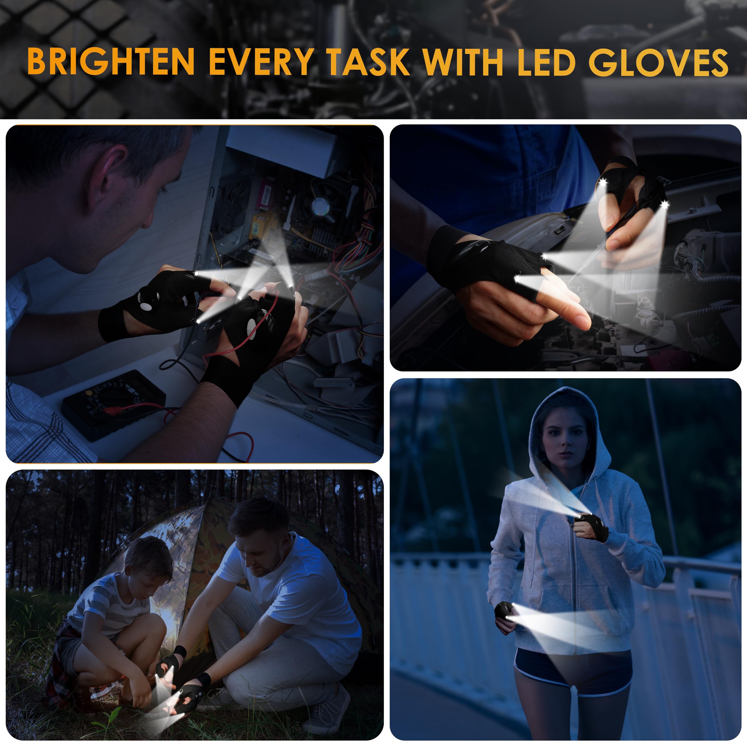 LED Flashlight Gloves - Gifts for Men, Unique Stocking Stuffers, Cool Camping Fishing Accessories and Gadgets