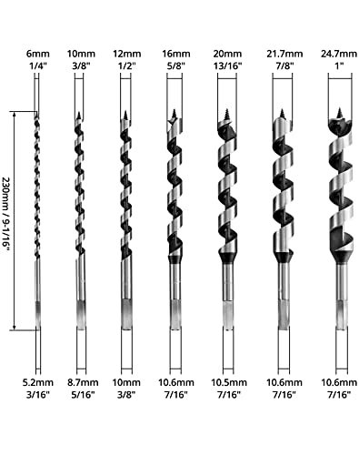 QWORK Auger Drill Bit Set, 7 Piece Set 9" Auger Bit Set Hardened Alloy Steel Ship Auger Bit Creates Deep Clean Hole Precise Drilling for Wood Drilling 1/4", 3/8", 1/2", 5/8", 3/4", 7/8",1"