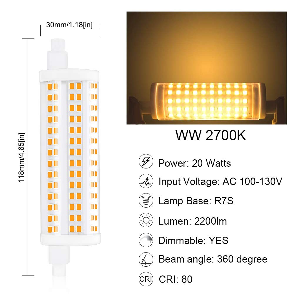 Luxvista R7s Dimmable Linear LED Bulb 118MM 20W J118 LED Bulbs Warm White 2700K Double Ended Base J Type Super Bright Floodlight 200W Halogen Lamp Replacement for Garden, Garage, Parlor (2Pack)