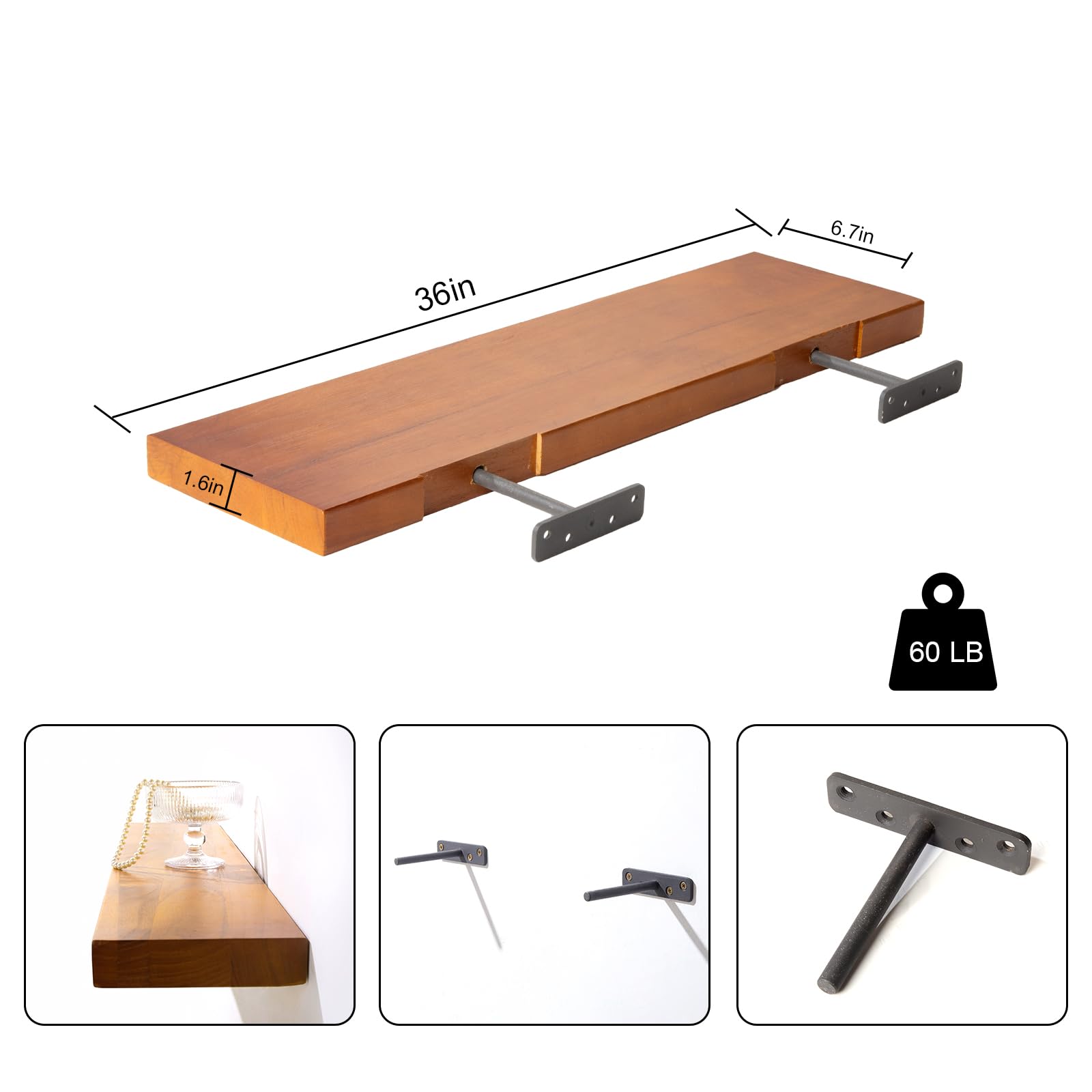 XuXuanHome.Z Natural Wood Floating Shelves 24 inch,Wooden Shelves for Wall,Walnut Floating Shelves for Wall、Solid Wood Floating Shelves,Wooden Floating Shelves for Wall,24 x 6.7X 1.2 inch, Set of 2