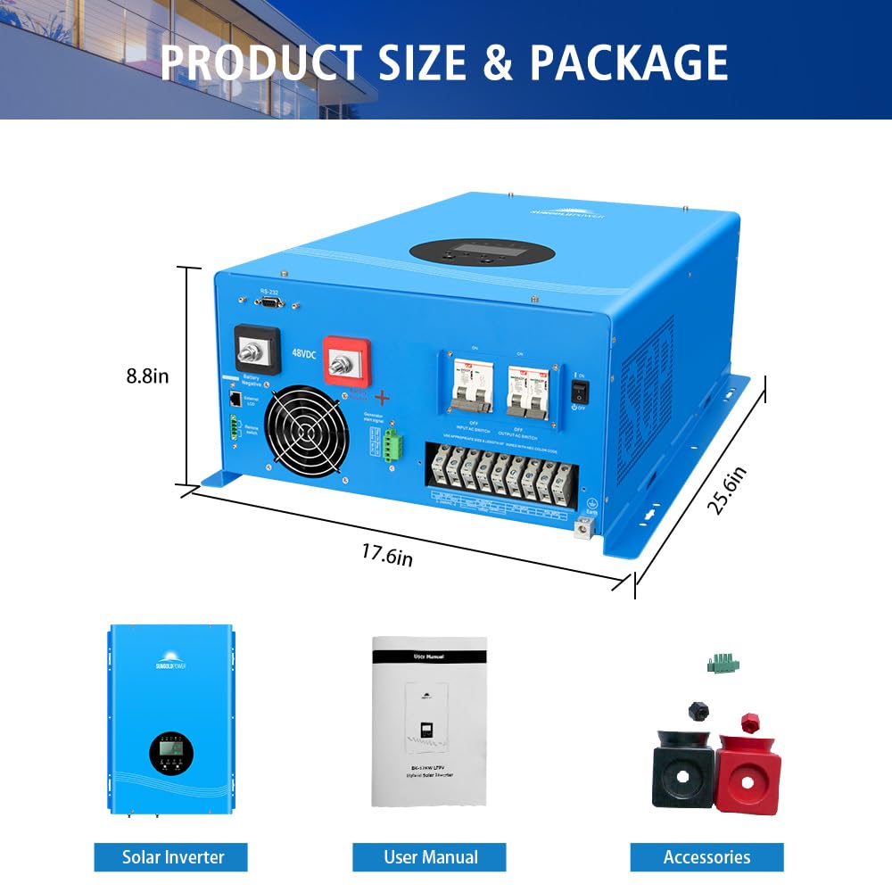 SUNGOLDPOWER UL 1741 12000W 48 Volt Solar Inverter Charger, 240V Input 120V/240V Output Split Phase, Pure Sine Wave, Low Frequency with 80A AC Charger, Two 60A MPPT Solar Chargers, Blue