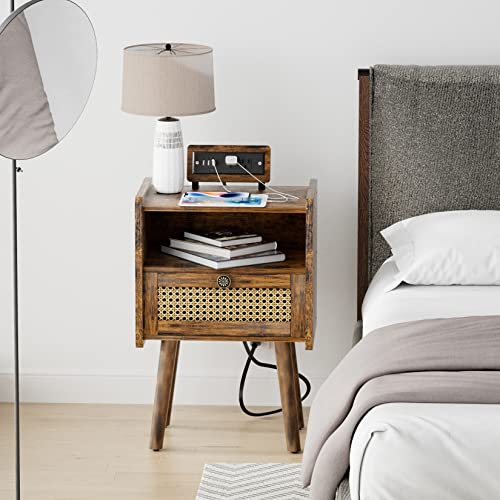 YAKANJ Small Nightstand with Charging Station,Mid Century Modern Nightstand with Rattan Decor,Night Stand End Table Side Table with 2 Tiers Storage Shelf for Small Spaces,Bedroom,Living Room-Brown