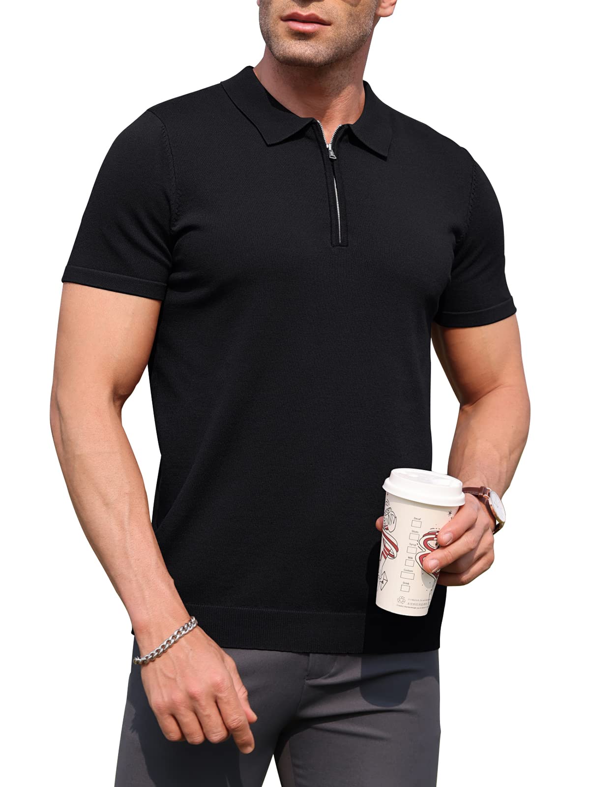 RQP Mens Zipper Polo Shirts Knit Wrinkle Free Casual Shirts Short/Long Sleeve,Stretch Fit Golf Shirts,Soft pullove,Black XL
