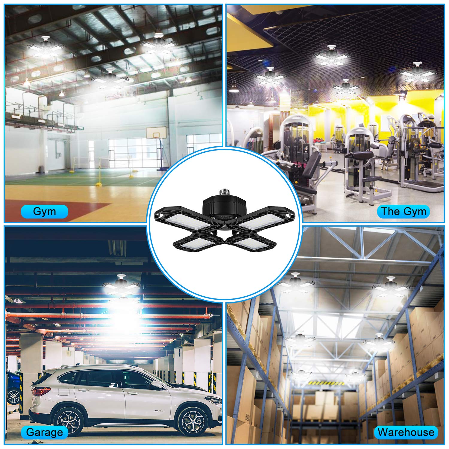 LED Garage Light 120W Super Bright Garage Ceiling Lights with 4 Adjustable Panels, E26 12000lm LED Ceiling Light Deformable Garage Led Light for Garage, Warehouse, Workshop, Basement, Gym
