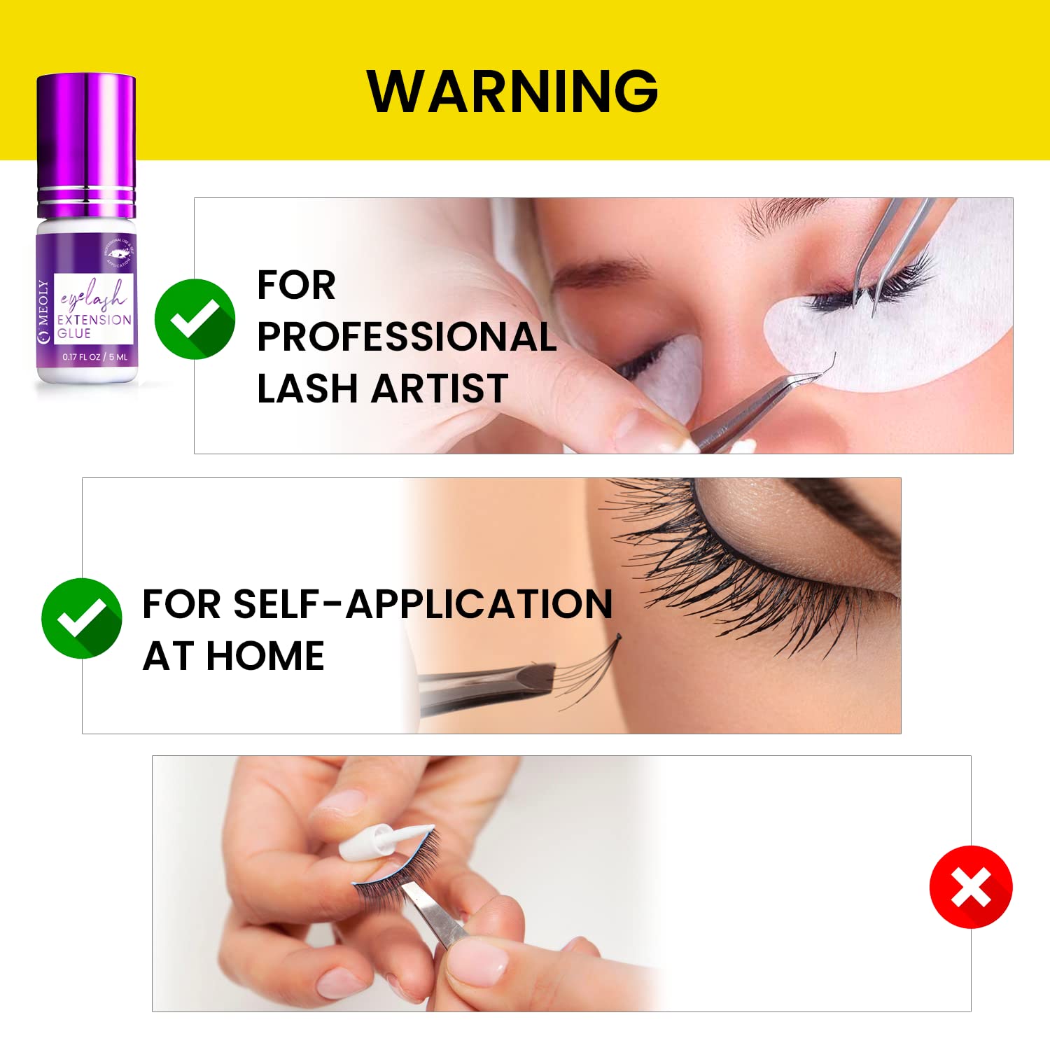 MEOLY Strong Hold Lash Extension Glue for Sensitive Eyes, No Fume 6-7 Weeks Retention Eyelash Glue for Lash Extensions, Extra Strong Professional & Individual Lash Glue Black