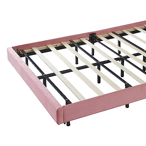 Upholstered Smart LED Bed Frame with Elegant Flowers Headboard,Floating Velvet Platform LED Bed with Wooden Slats Supportfor Bedroom, No Box Spring Needed (Pink, Full)