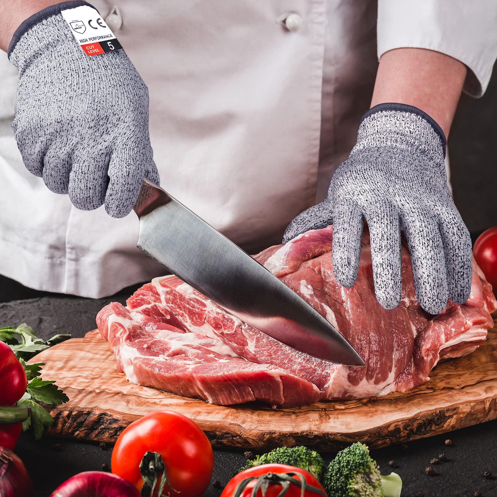 Tesuchan Medium Cut Resistant Gloves, 2 Pairs Grey, Protective Gloves for Kitchen, Cut Proof, Reduce Hand Injuries