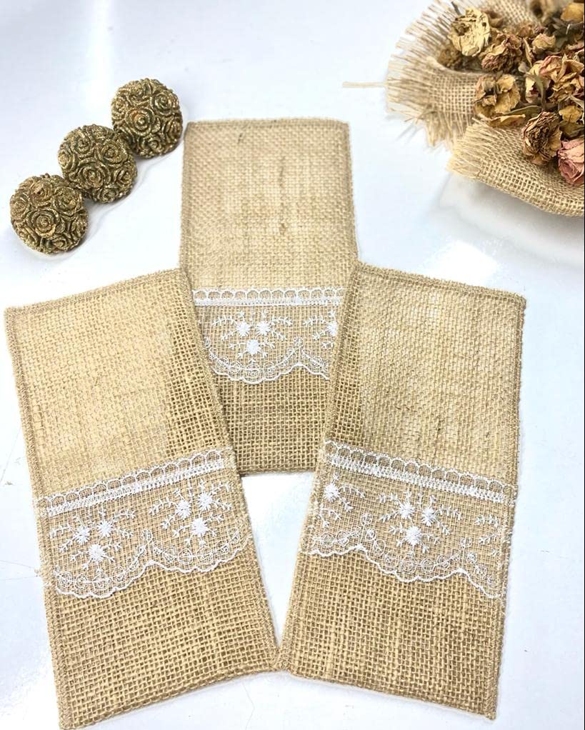 meditroia (Troia Textil(12,Pieces) Burlap Cutlery Holders Lace Utensil Pouch Knifes Forks Bag for Vintage Natural Wedding (4x8inch)