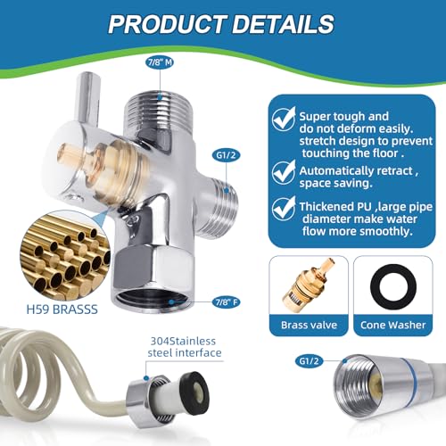 TURLEE Handheld Bidet Sprayer for Toilet -Brass T-valve Adapter, Sprayer Adjustable Water Pressure Control with Bidet Retractable Spring Hose for Feminine Wash.