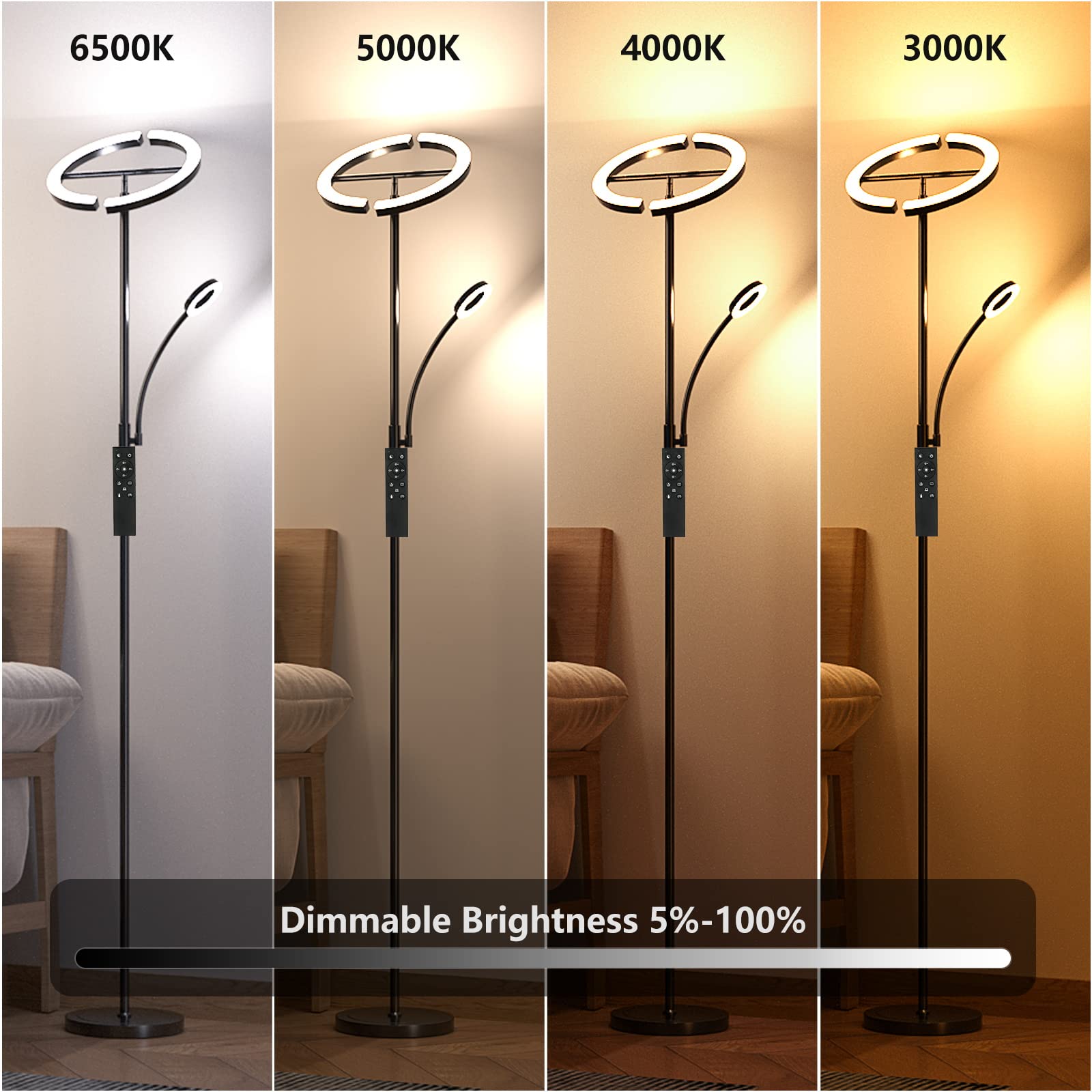 LED Floor Lamp with Reading Light, A ANTEN Modern Standing Lamp for Living Room, 20W Main Light & 7W Reading Lamp, Remote & Touch Control Dimmable Floor Light, Tall Black Pole Lamp for Bedroom, Office