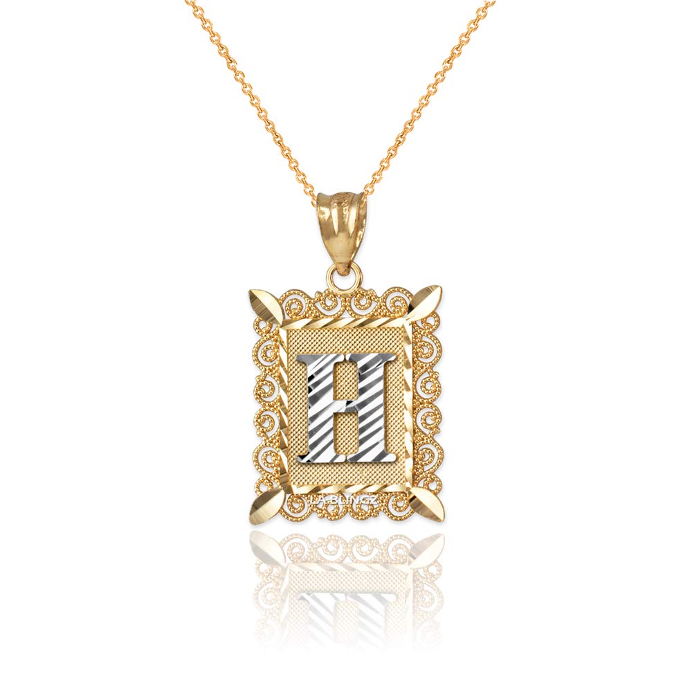LA BLINGZ 10K Yellow Gold Filigree Alphabet Initial Letter DC Small Charm Necklace (16, Letter H)