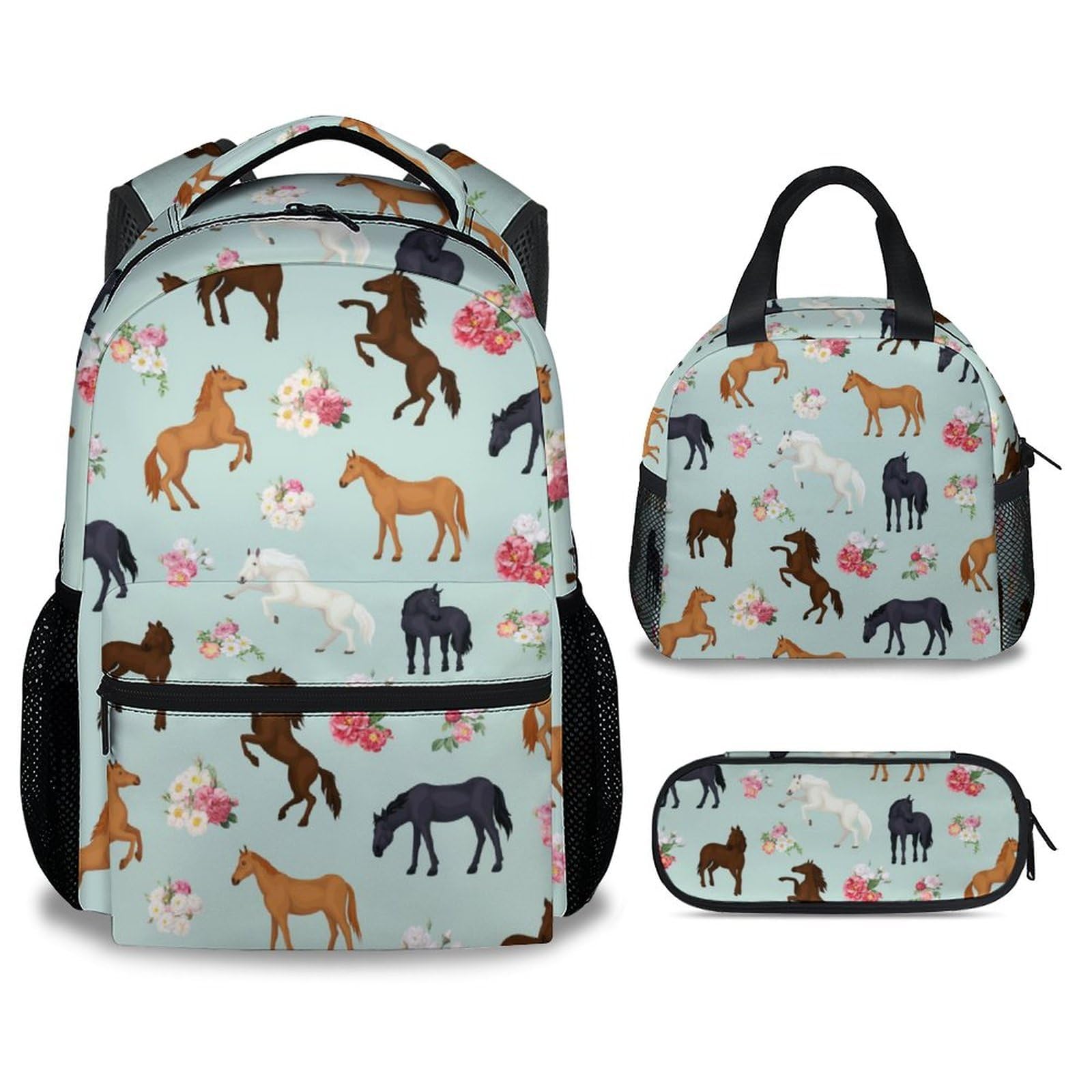 Mercuryelf Horse for Women Backpack with Lunch Box Set, 3 in 1 School Backpacks Matching Combo, Aesthetic Mint Green Bookbag and Pencil Case Bundle