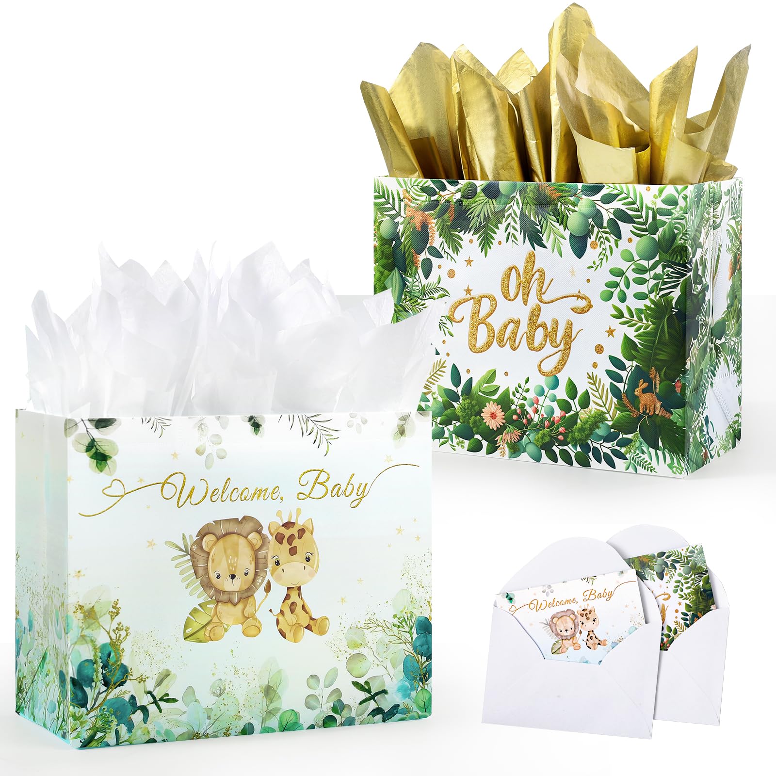 YANGTE 2 Pack 13" Large Baby Gift Bag for Baby Shower, Reusable Non-Woven Baby Gift Wrap Bags with Tissue Paper and Greeting Card for Boy and Girl Baby Shower Party