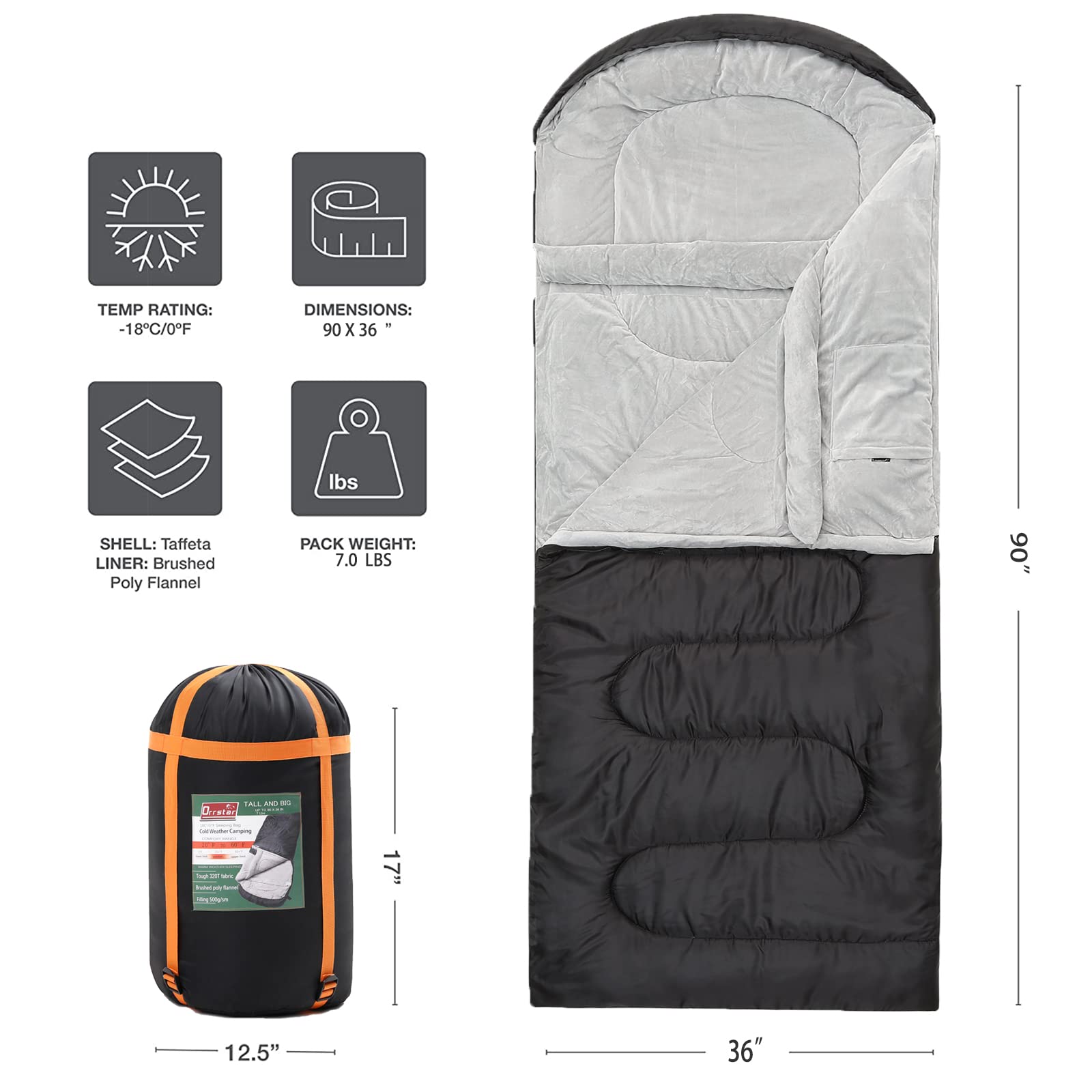 ORRSTAR 0 Degree Extra Large Flannel Big and Tall XXL Warm Winter Camping Sleeping Bags for Adults Cold Weather Mens Zero Degree