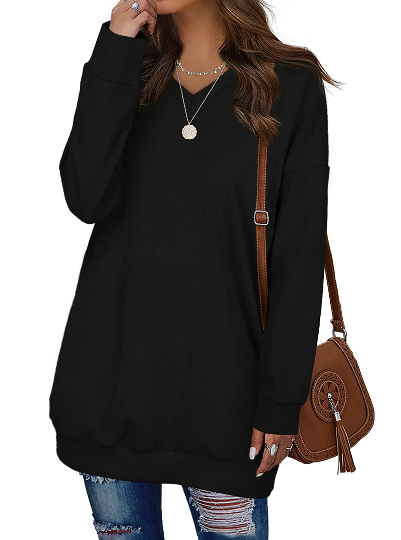 OFEEFAN Oversized Sweatshirts for Women V Neck Long Sleeve Pocket Tops Black XXL