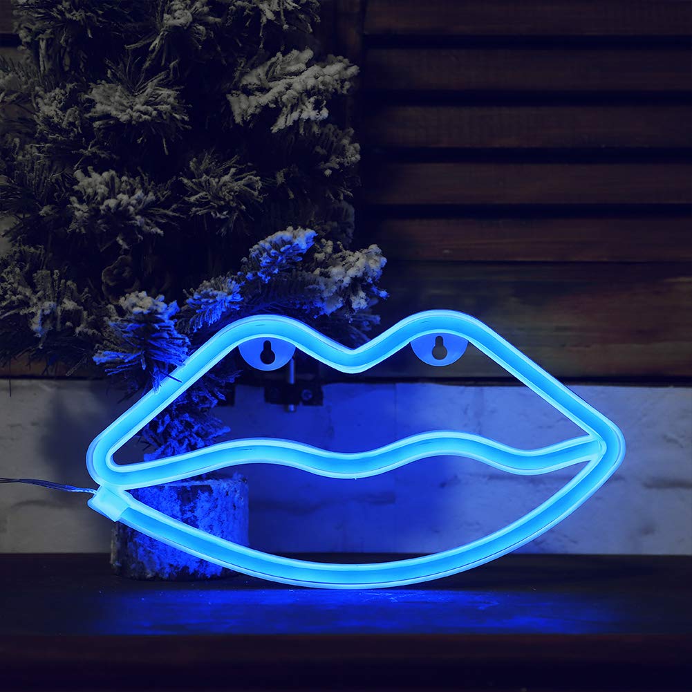 Lip Shaped Neon Signs by woohaha Led Neon Light Art Decorative Lights Wall Decor for Christmas Children Baby Room Wedding Party Decoration (Blue)