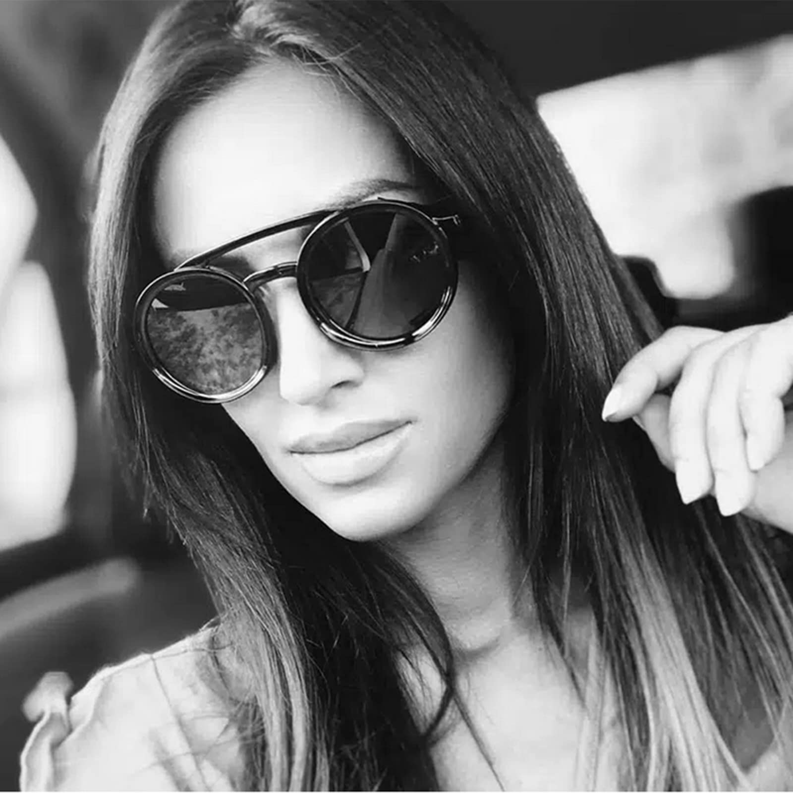 PANNER Retro Round Steampunk Polarized Sunglasses with Leather Side Shield Double Bridge Vintage Eyewear for Men Women(Black)