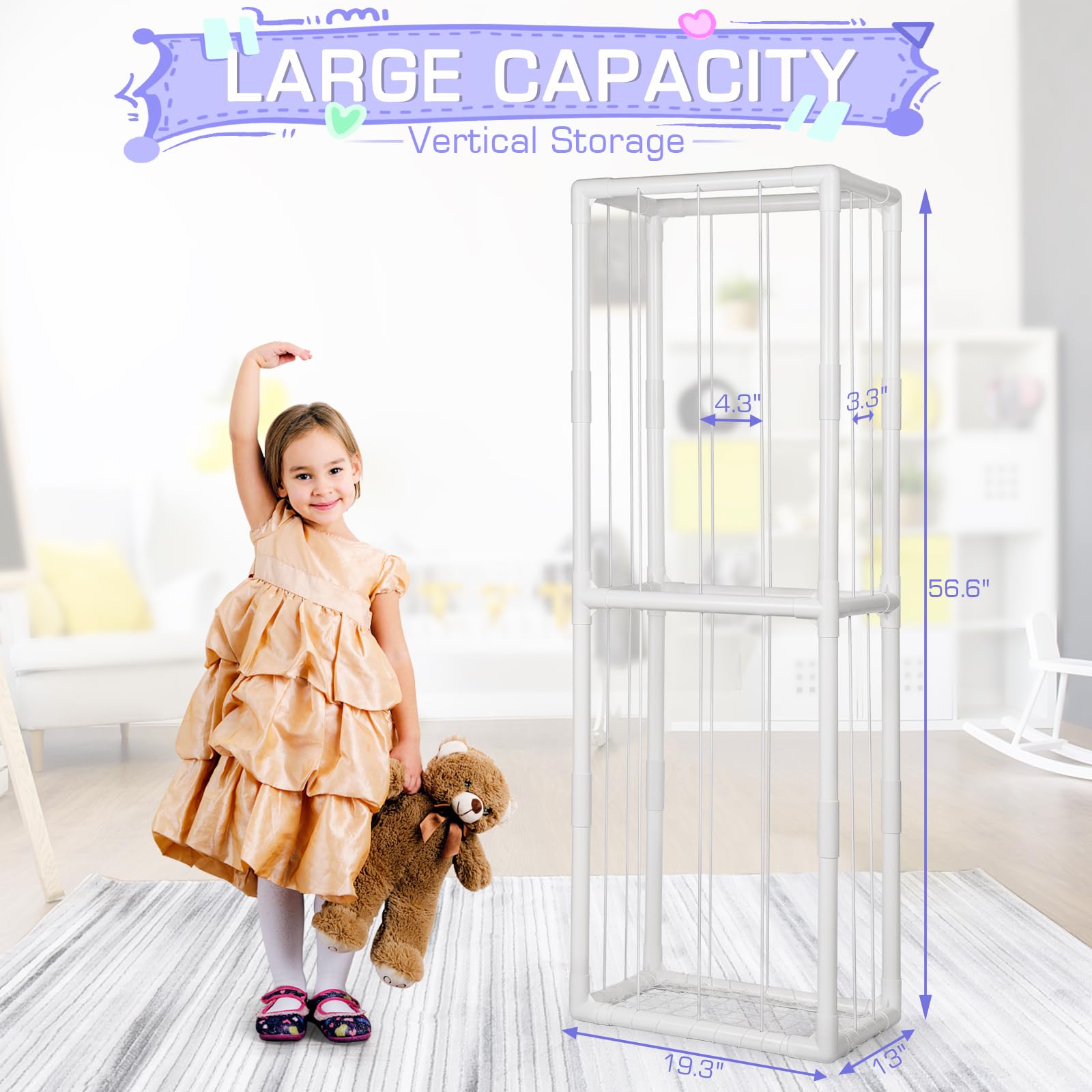 Trycooling Stuffed Animal Storage Zoo Stuffed Animal Holder Space Save Vertical Stuffed Animals Storage PVC with Elastic Band and Net for Playroom Bedroom Nursery (White 1)
