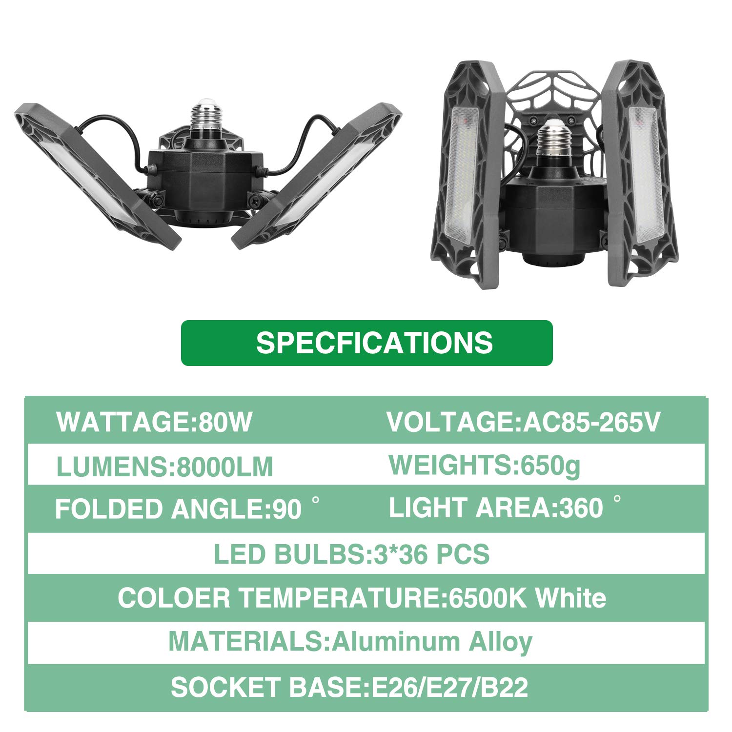 LED Garage Lights, 80W Deformable Garage Ceiling Light 8000LM E26 Basement Lights with 3 Adjustable LED Panels 270° – Fits for Garage, Warehouse, Barn, Workshop and Yard (NO Motion Activated)