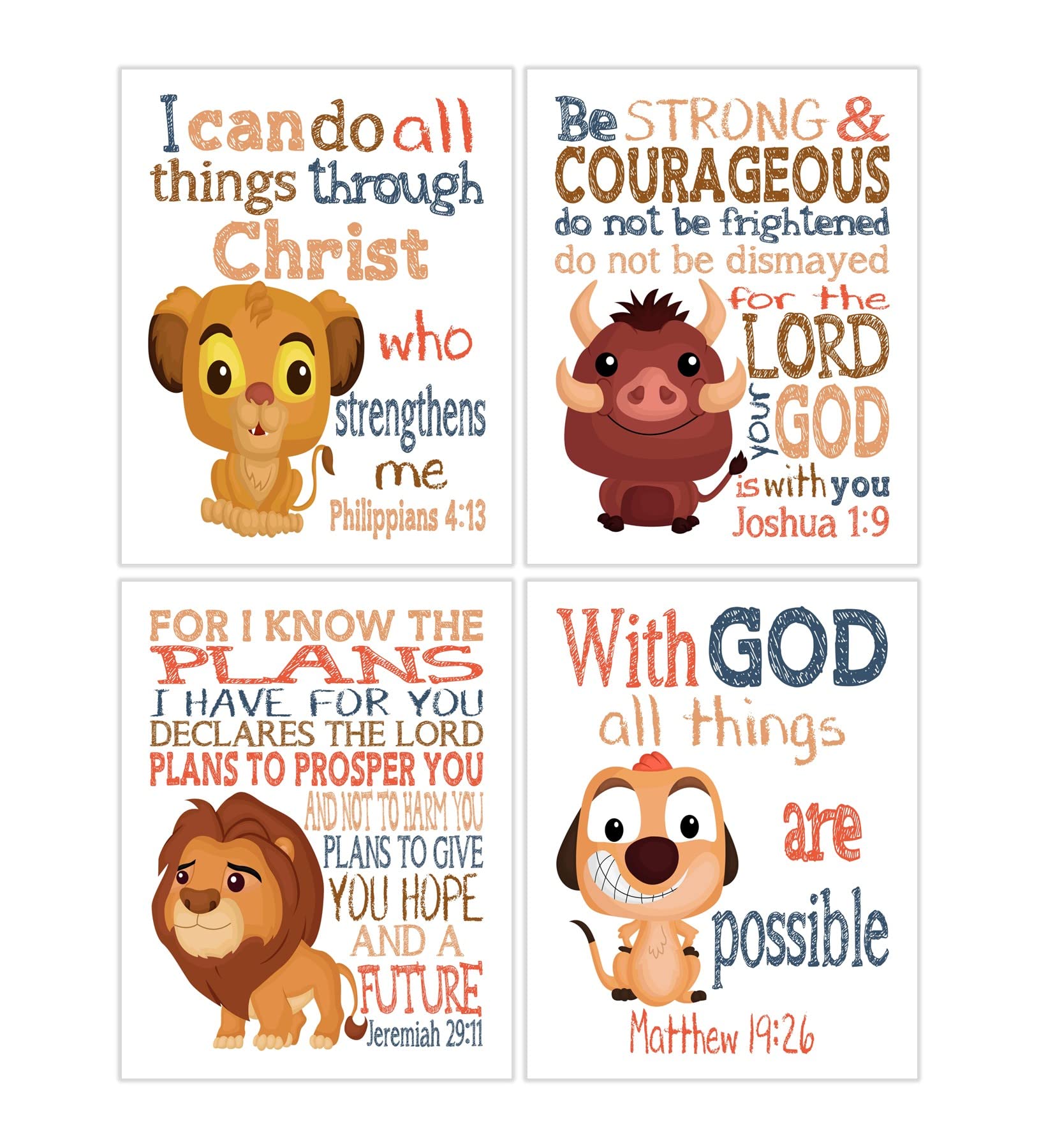 Lion King Christian Nursery Decor Set of 4 Unframed Prints Mufasa, Pumba, Simba and Timon with Bible Verses
