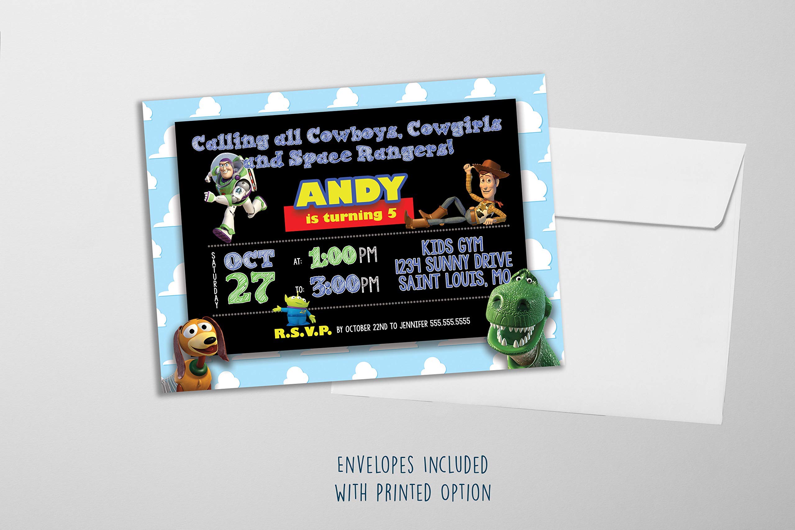 The Melange Market, Personalized Toy Story Inspired Birthday Invitations, Envelopes Included with Printed Option, 5 inches by 7 inches, Multiple Quantity Options
