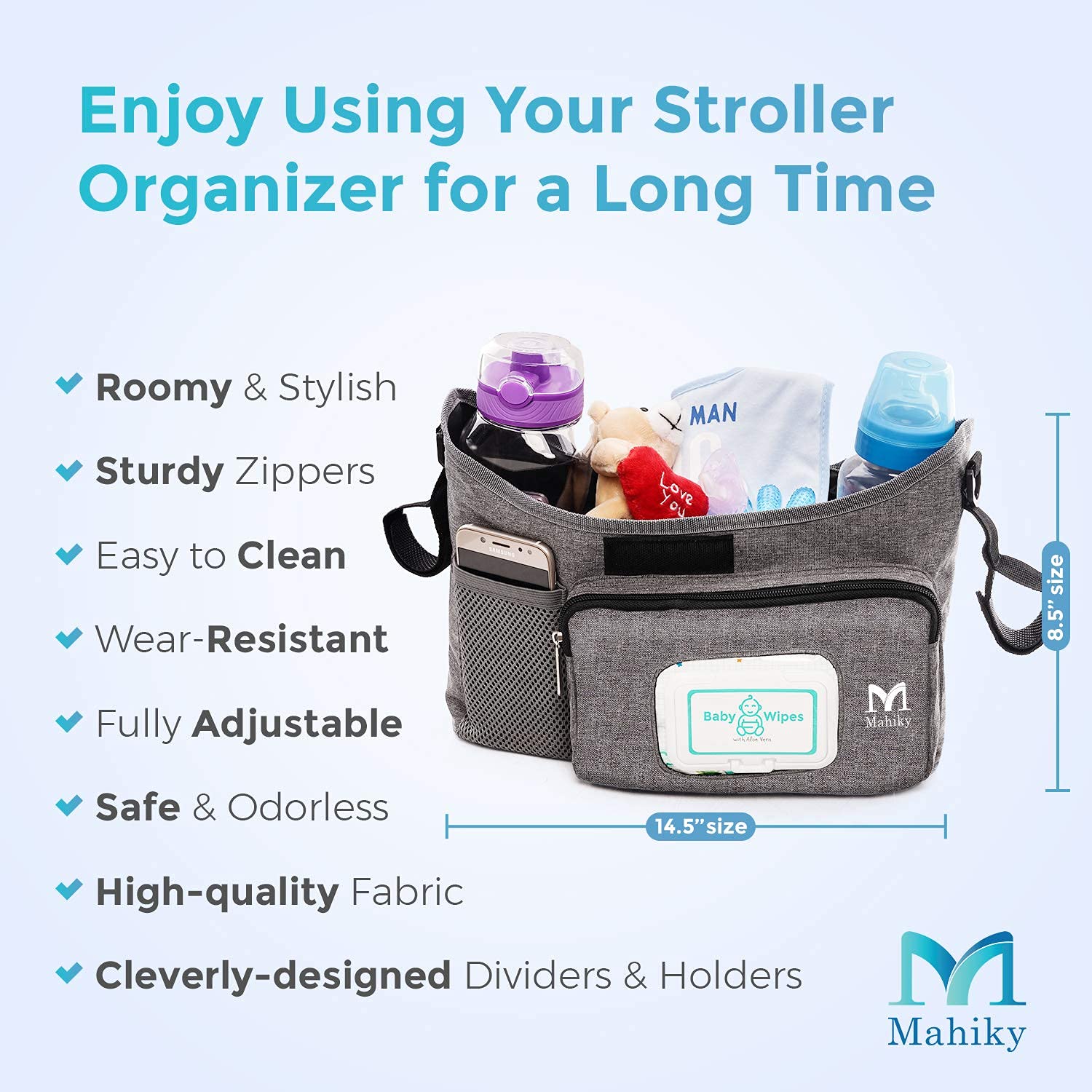 Mahiky Universal Baby Stroller Organizer Stroller Accessories Bag Stroller Storage Bag with Cup Holders Stroller Organizer Parent Console Stroller Storage Pouch with Easy Access Wipes Pocket