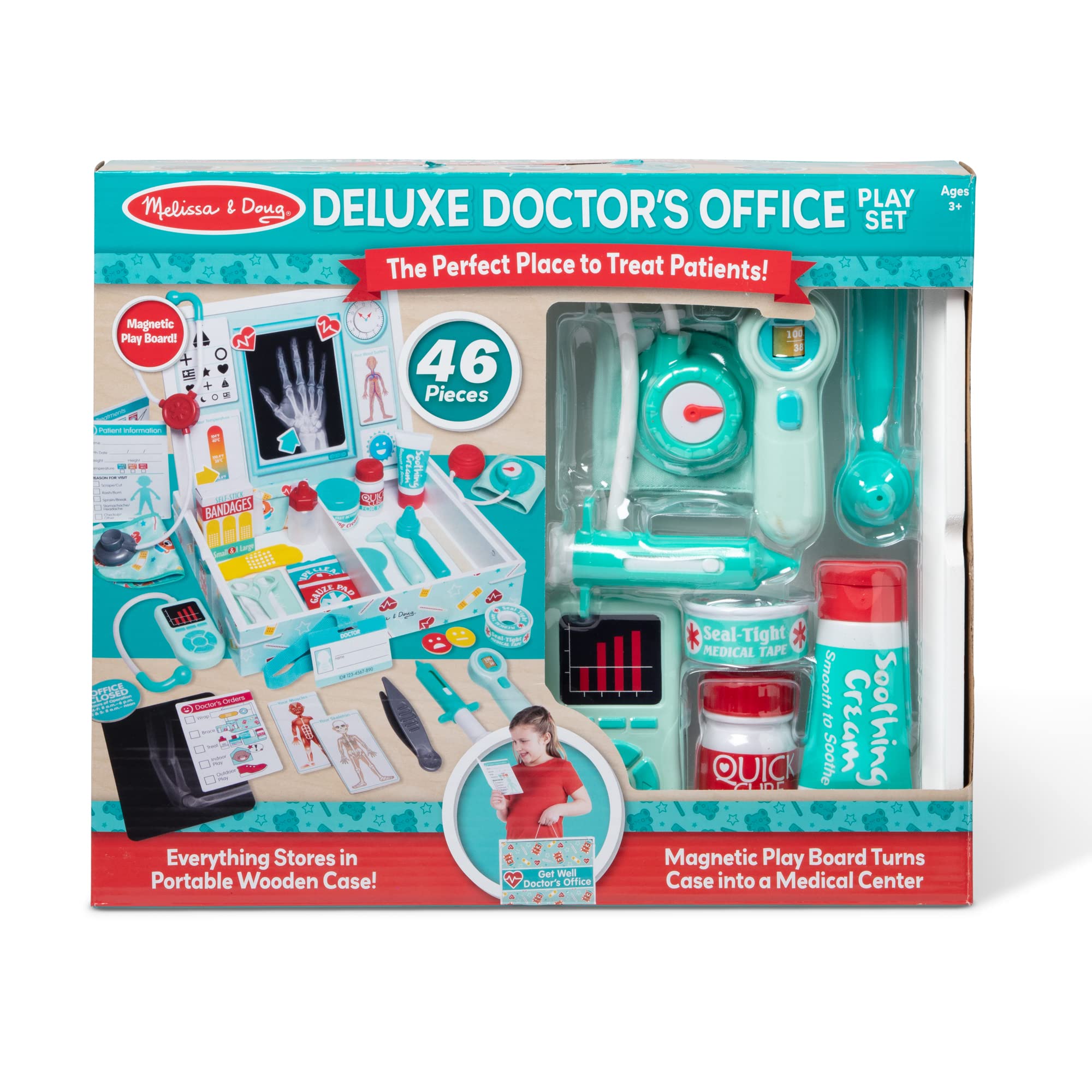 Melissa & Doug Deluxe Doctor’s Office Play Set with Take-Along Wooden Case and Magnetic Play Board – 46 Pieces