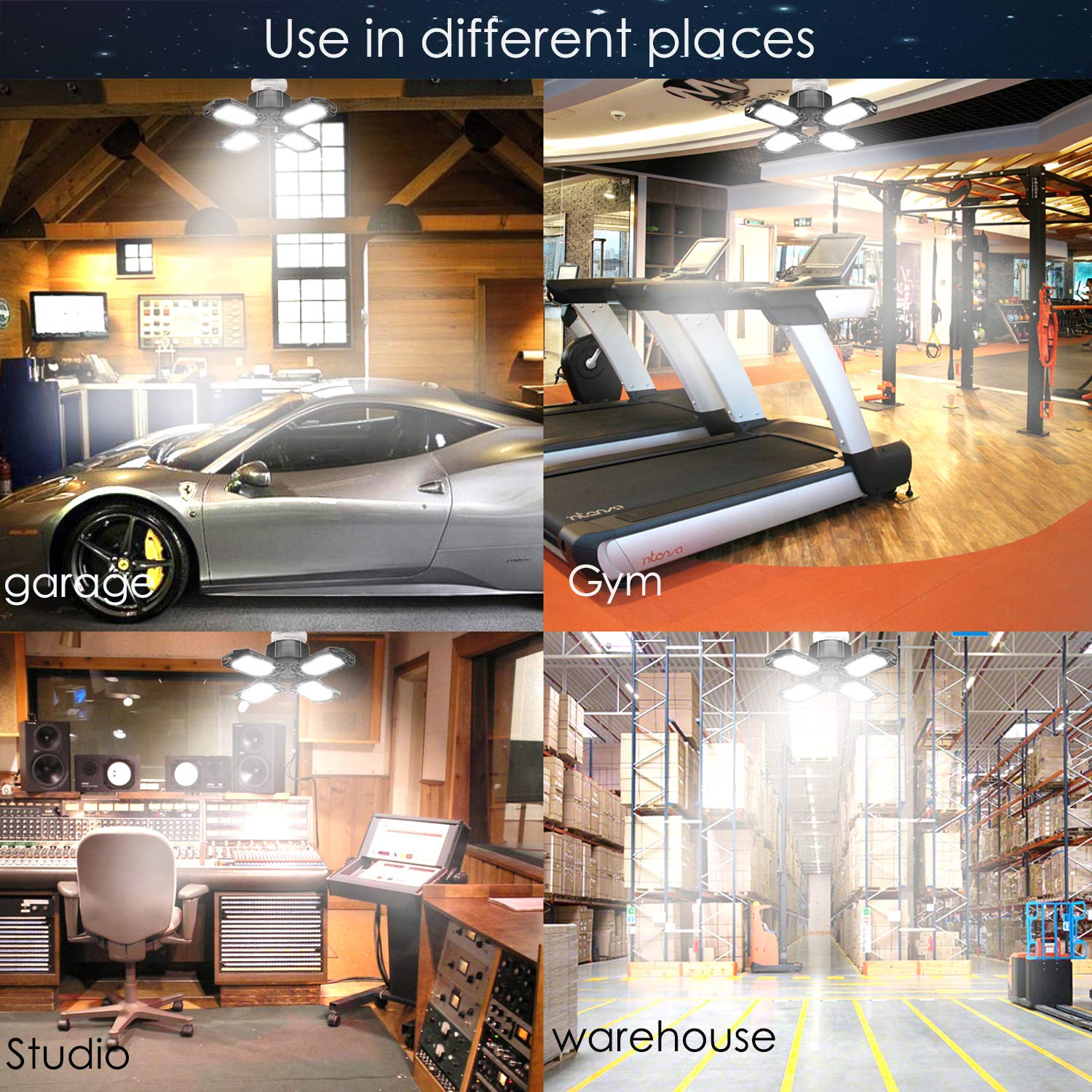 LED Garage Lights 120W - 12000LM 6000K Garage Ceiling Lights LED Four-Leaf Deformable LED Garage Lighting Fixture, LED Shop Light with Adjustable Multi-Position Panels, for Garage, Workshop