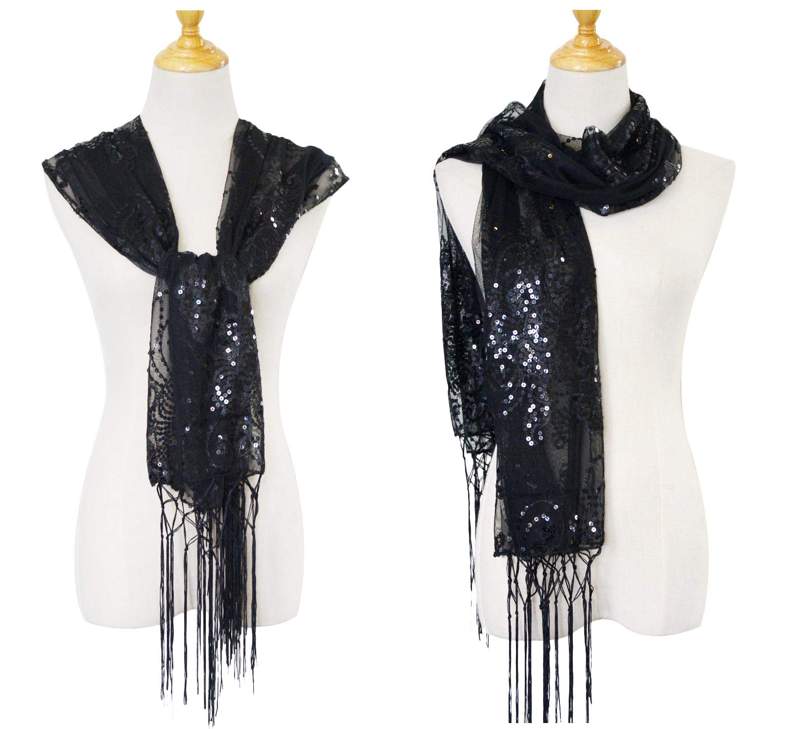 L'VOW Women's Glittering 1920s Scarf Mesh Sequin Wedding Cape Fringed Evening Shawl Wraps(Black)