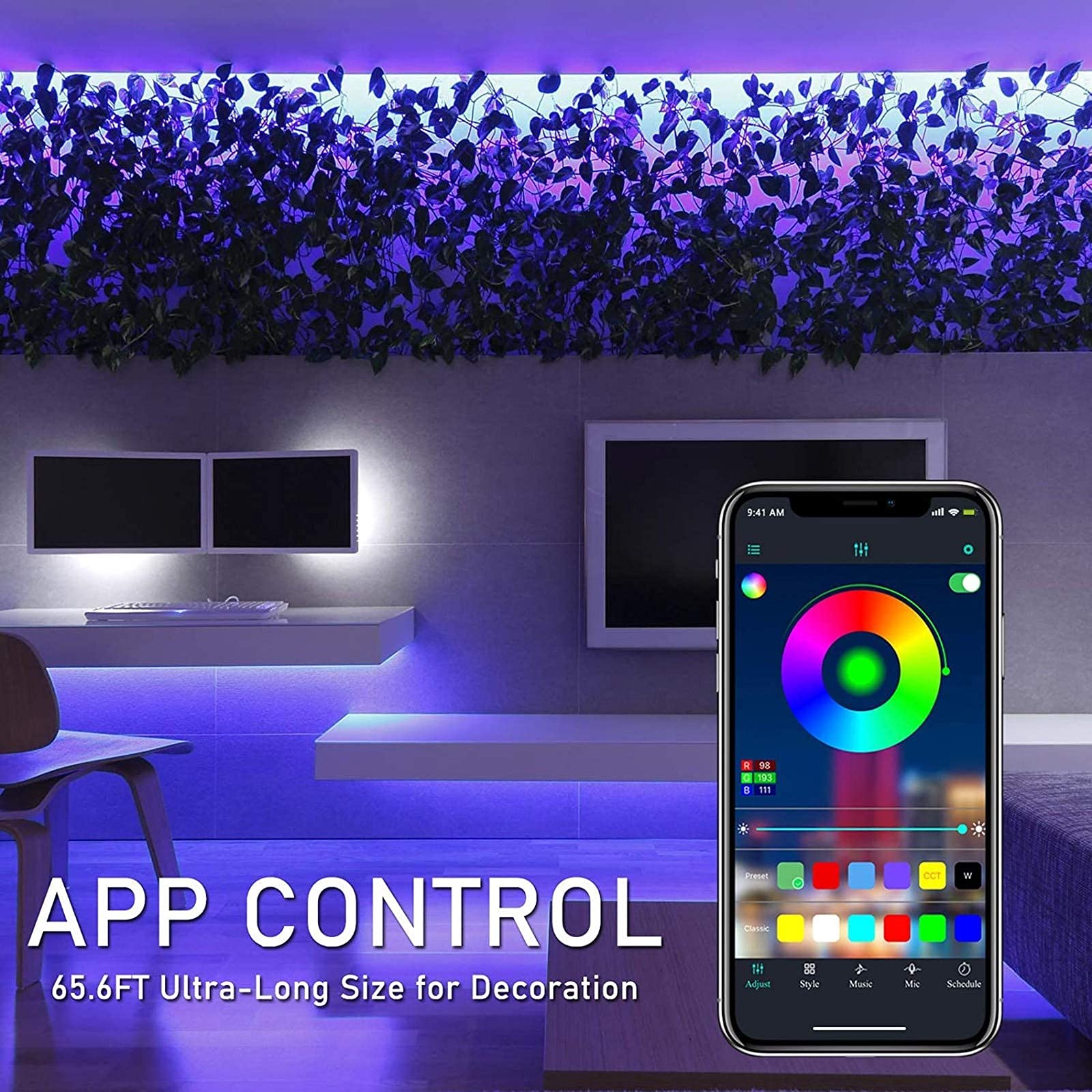 LED Lights for Bedroom Bluetooth 65.6ft,2 Rolls of 32.8ft,Miheal Smart LED Strip Lights Sync to Music Color Changing Lights 5050 RGB with APP Control,Remote for Room(White Band)